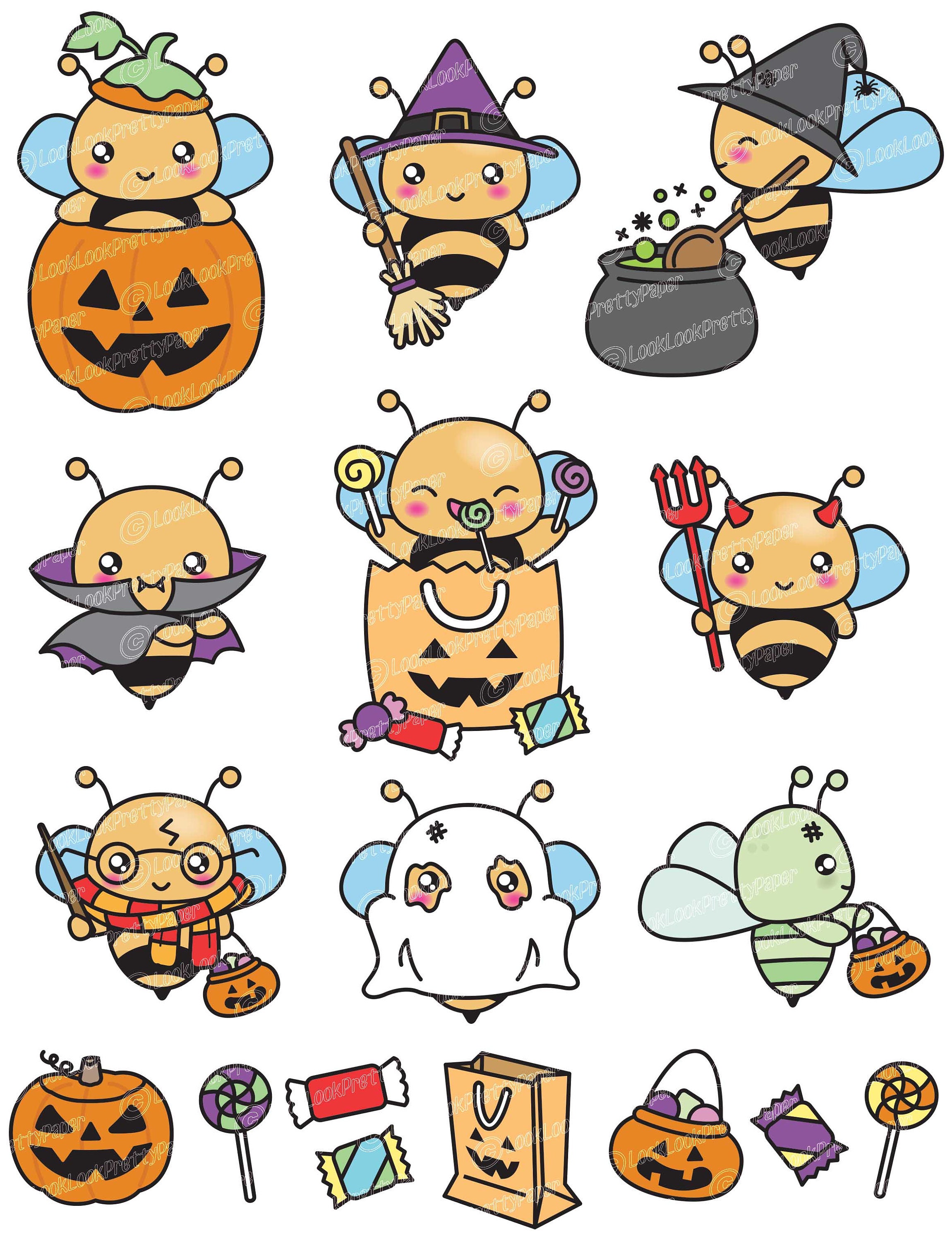 Premium Vector Clipart - Kawaii Halloween Bees - Cute Halloween Bees ...