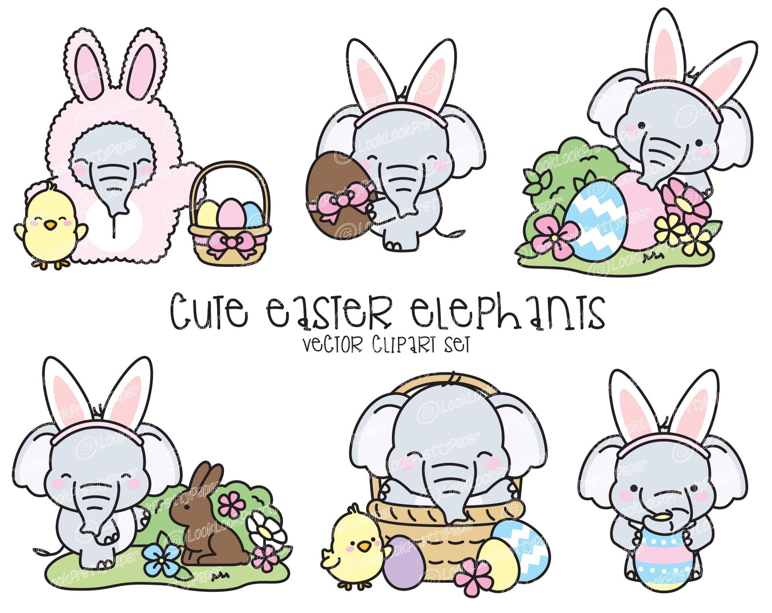 Premium Vector Clipart Kawaii Easter Elephants Cute Easter - Etsy