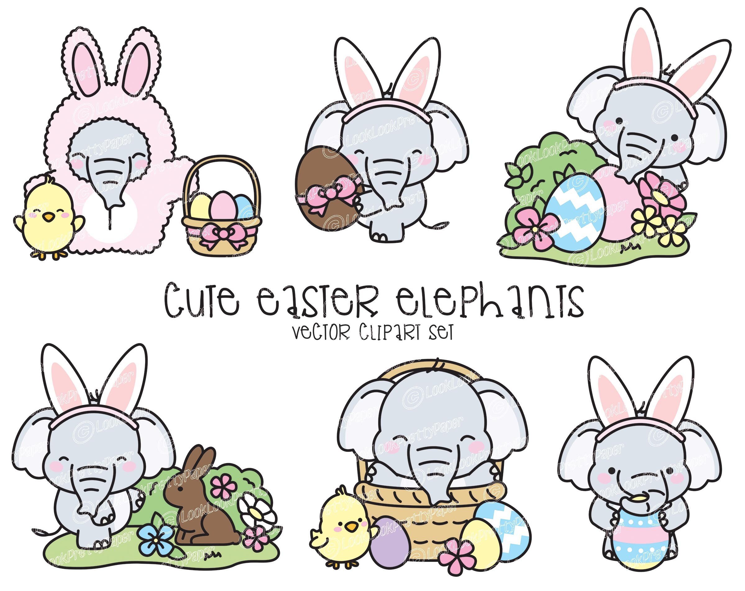 Premium Vector Clipart Kawaii Easter Elephants Cute Easter | Etsy