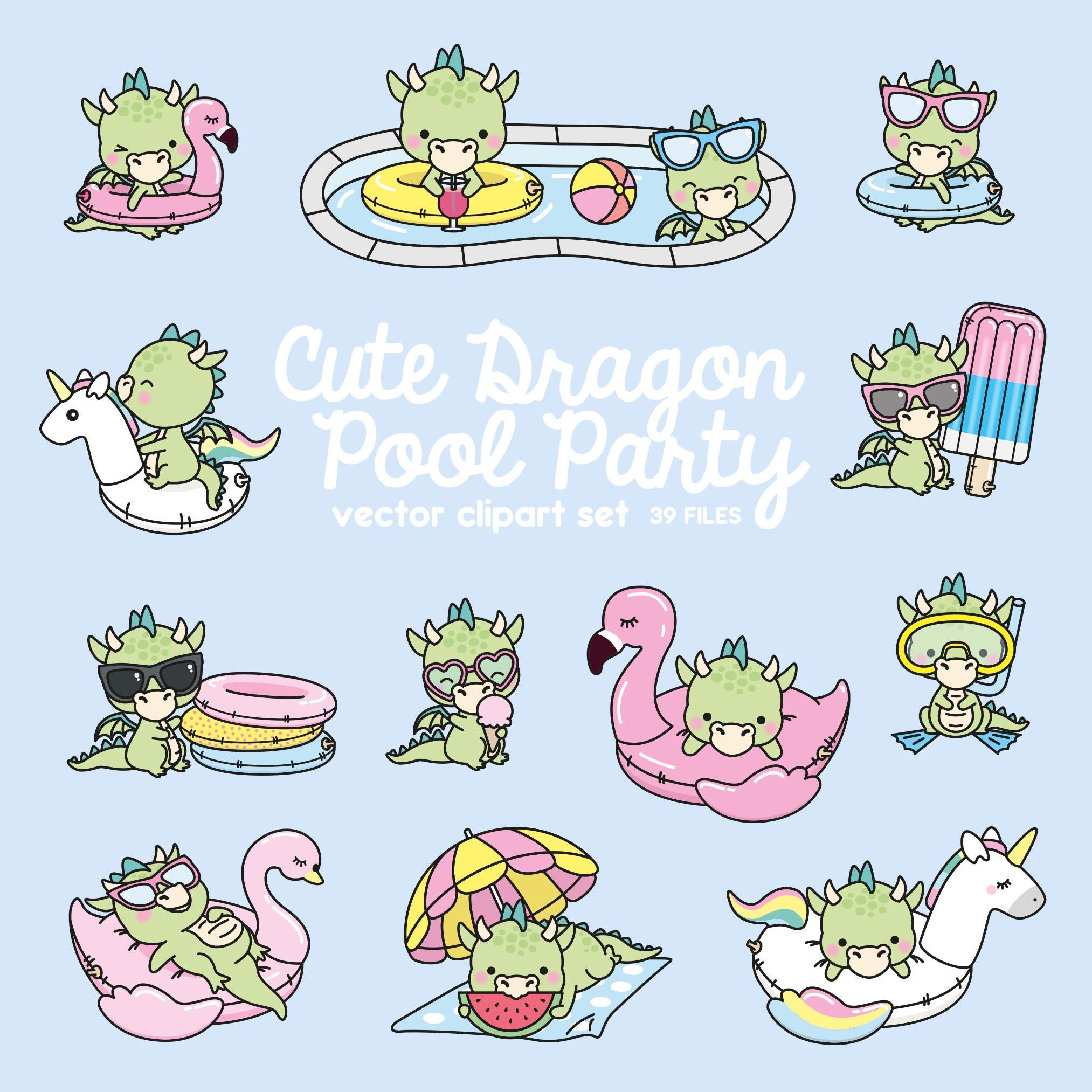 Premium Vector Clipart - Kawaii Dragon - Cute Dragons Pool Party ...
