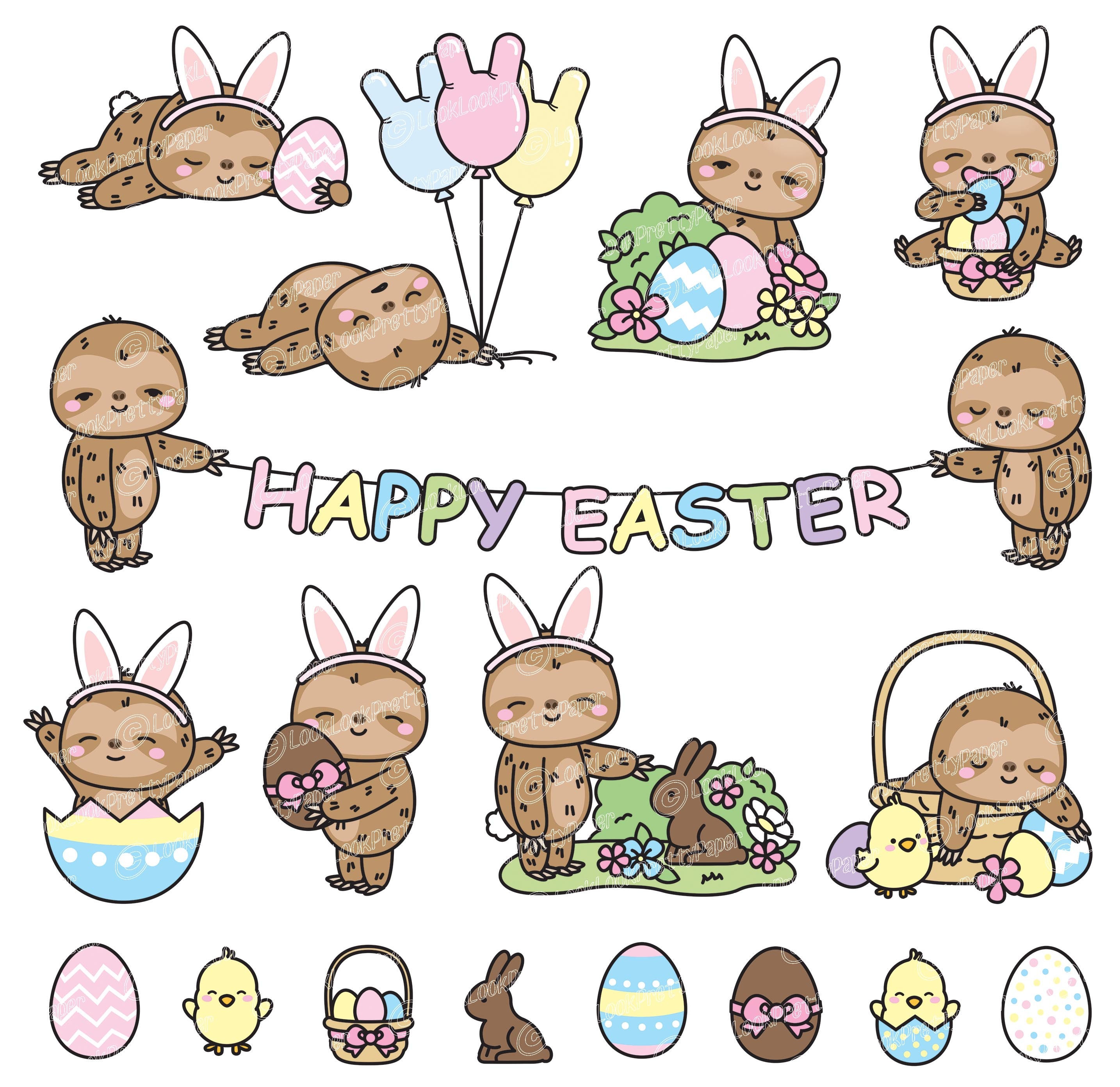 Premium Vector Clipart Kawaii Easter Sloths Cute Easter | Etsy