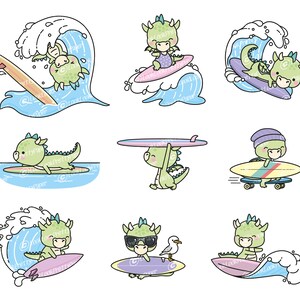 Premium Vector Clipart - Kawaii Dragons Surfing - Cute Dragons Surf ...
