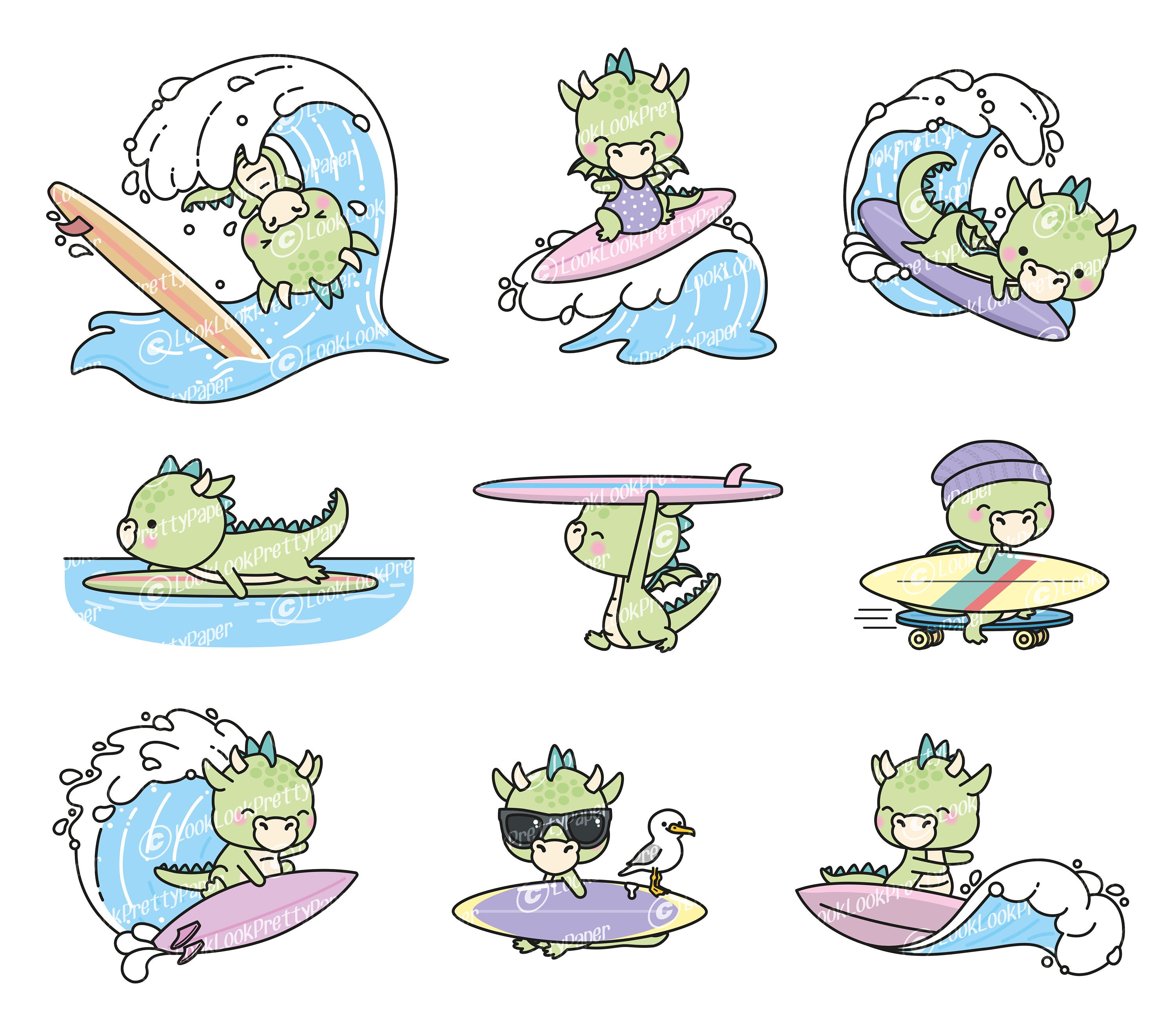 Premium Vector Clipart - Kawaii Dragons Surfing - Cute Dragons Surf ...