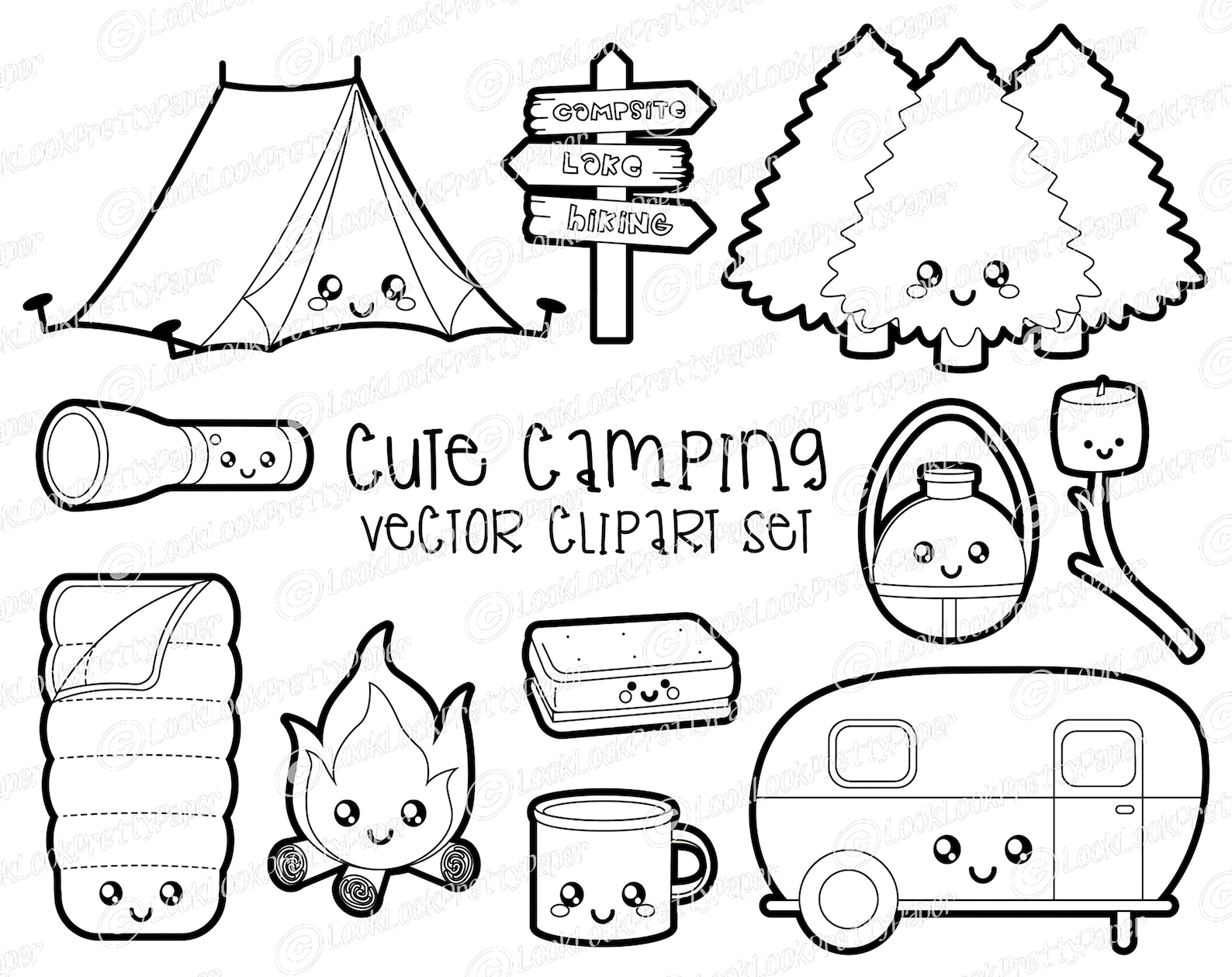 Premium Vector Clipart Kawaii Camping Clipart Kawaii - Etsy