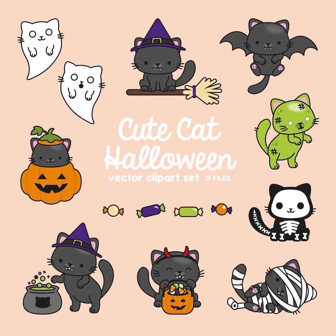 Premium Vector Clipart - Kawaii Halloween Cats - Cute Halloween Cats ...