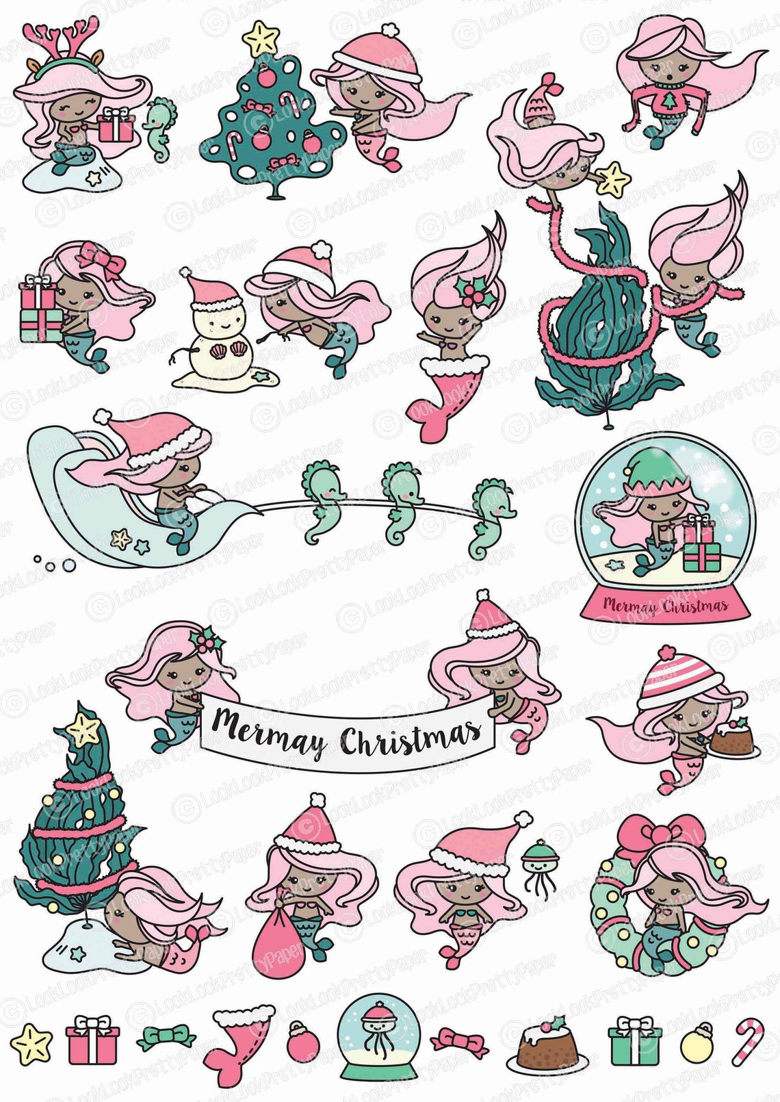 Premium Vector Clipart - Kawaii Christmas Mermaids - Cute Christmas ...