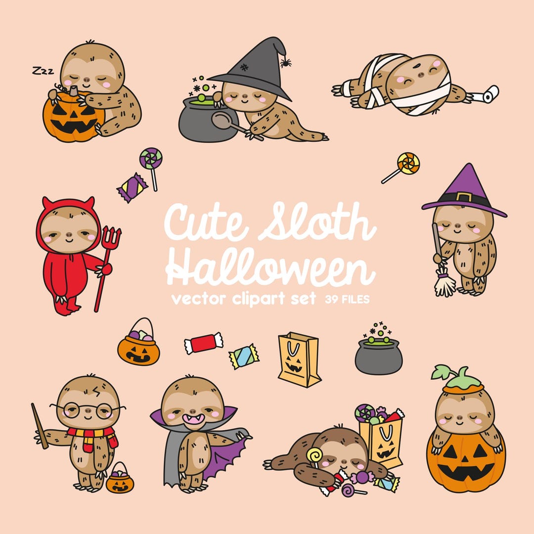 Premium Vector Clipart - Kawaii Halloween Sloths - Cute Halloween ...