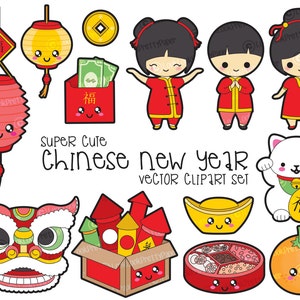 Premium Vector Clipart Kawaii Chinese New Year Clipart Big | Etsy