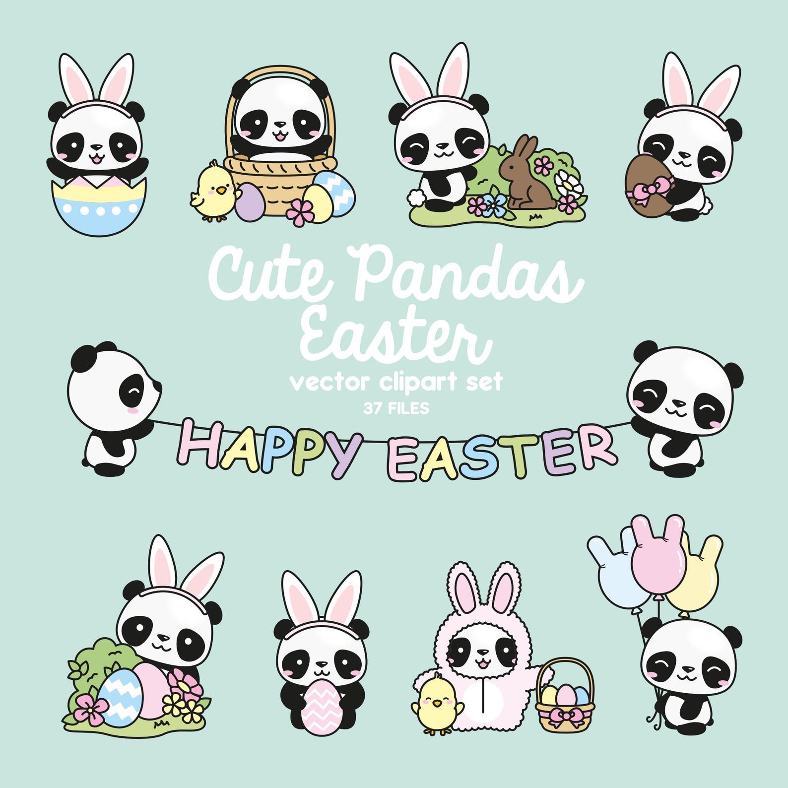 Premium Vector Clipart - Kawaii Easter Pandas - Cute Easter Panda Bears ...