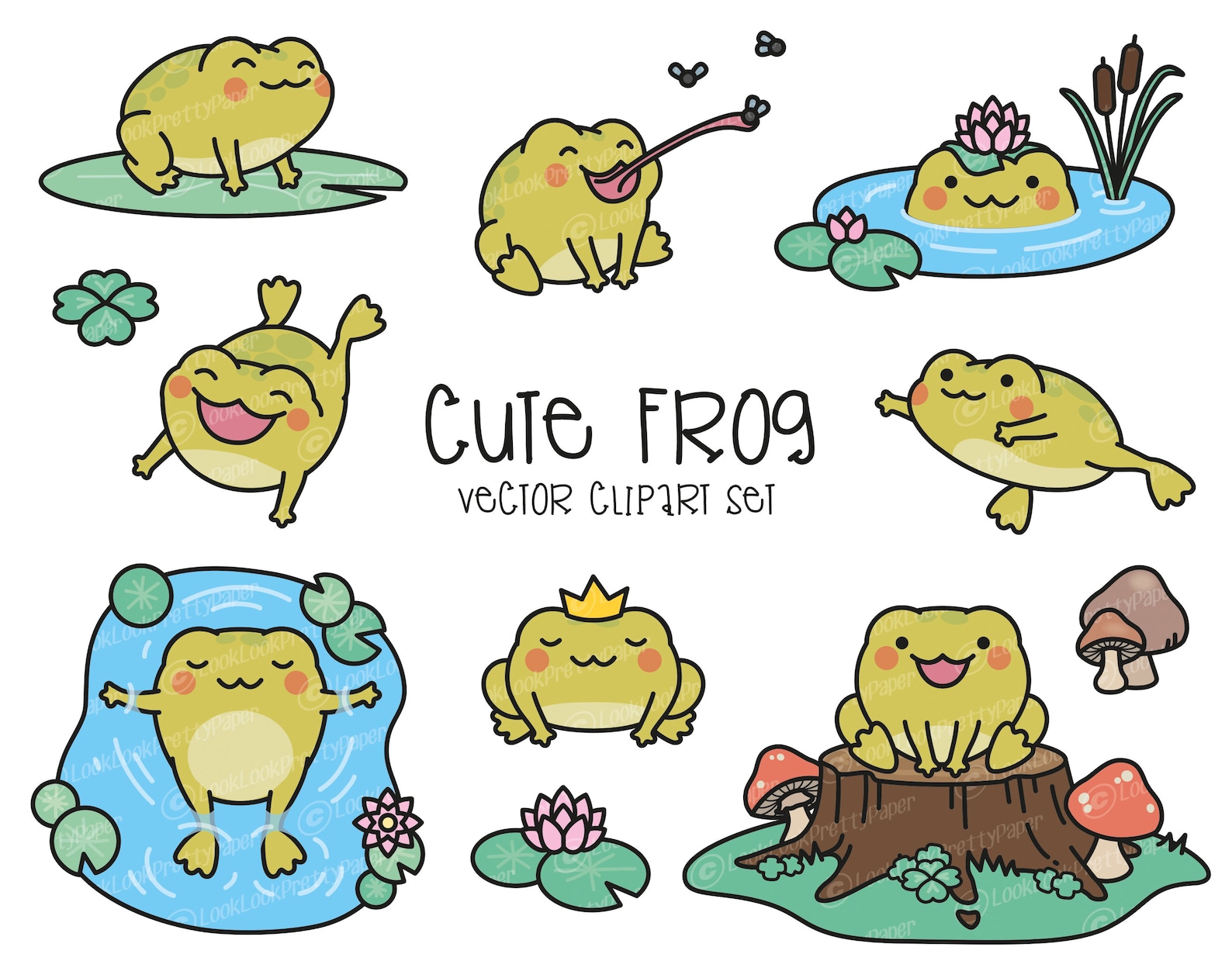 Premium Vector Clipart Kawaii Frogs Cute Frog Clipart Set - Etsy Ireland