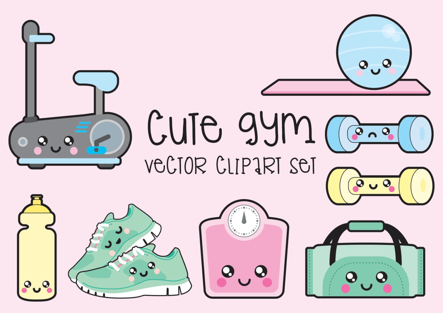 Premium Vector Clipart Kawaii Workout Clipart Kawaii Gym - Etsy España