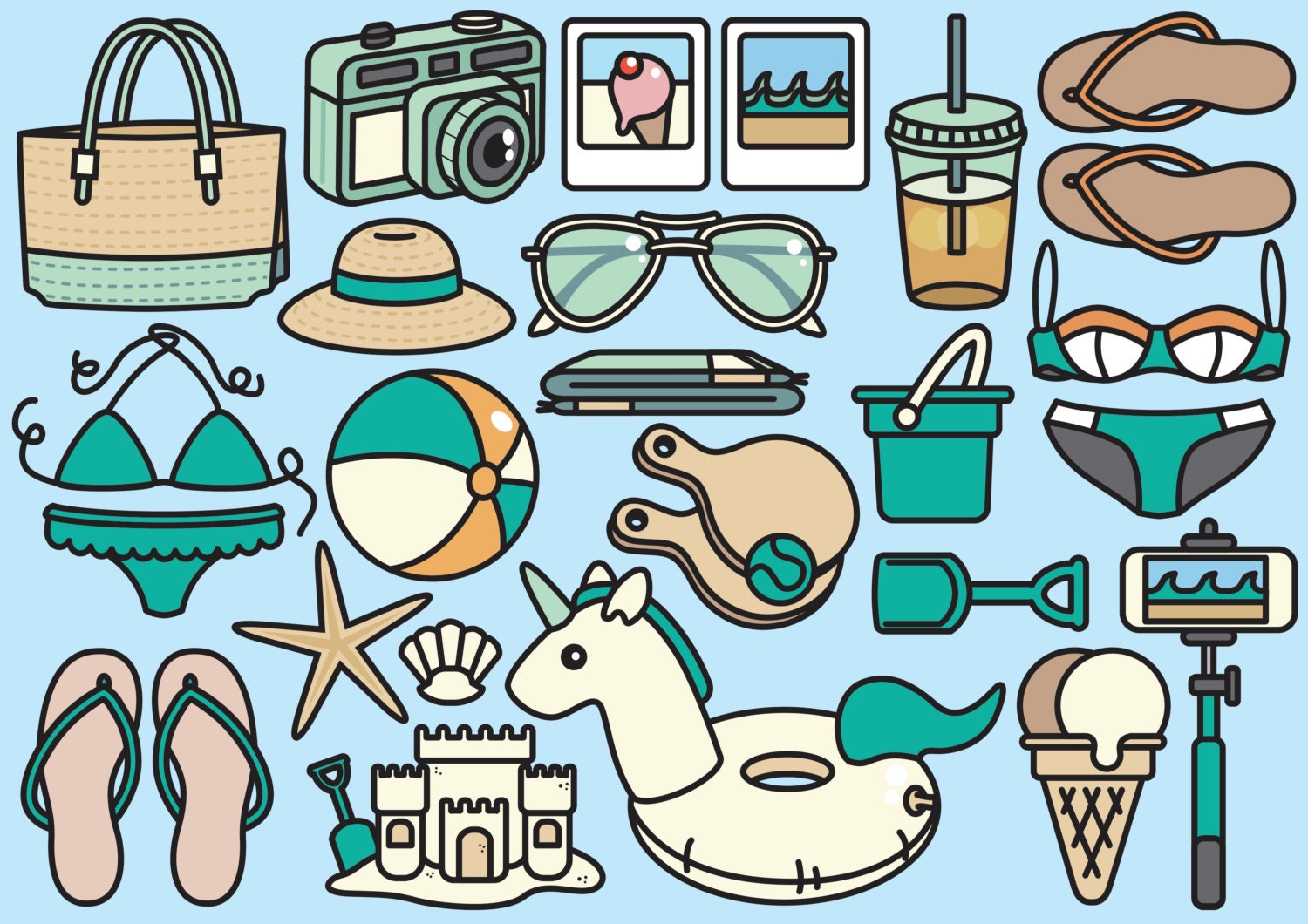 Premium Vector Clipart Cute Beach Clipart Kawaii Beach Day | Etsy