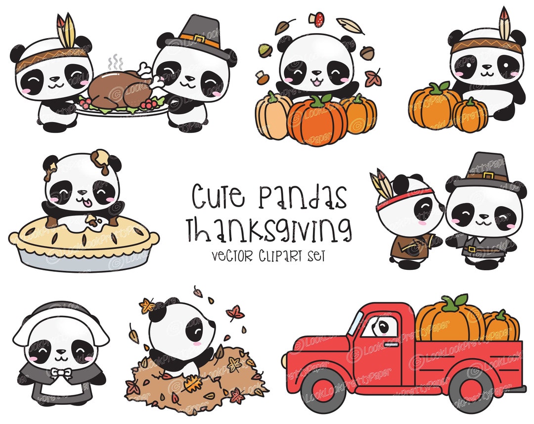 Premium Vector Clipart Kawaii Thankgiving Pandas Cute Thangiving Pandas ...