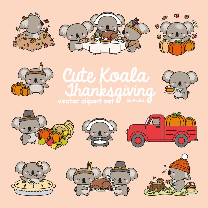 Premium Vector Clipart - Kawaii Thankgiving Koalas - Cute Thangiving ...