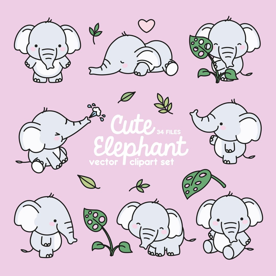 Premium Vector Clipart - Kawaii Elephant - Cute Elephant Clipart Set ...