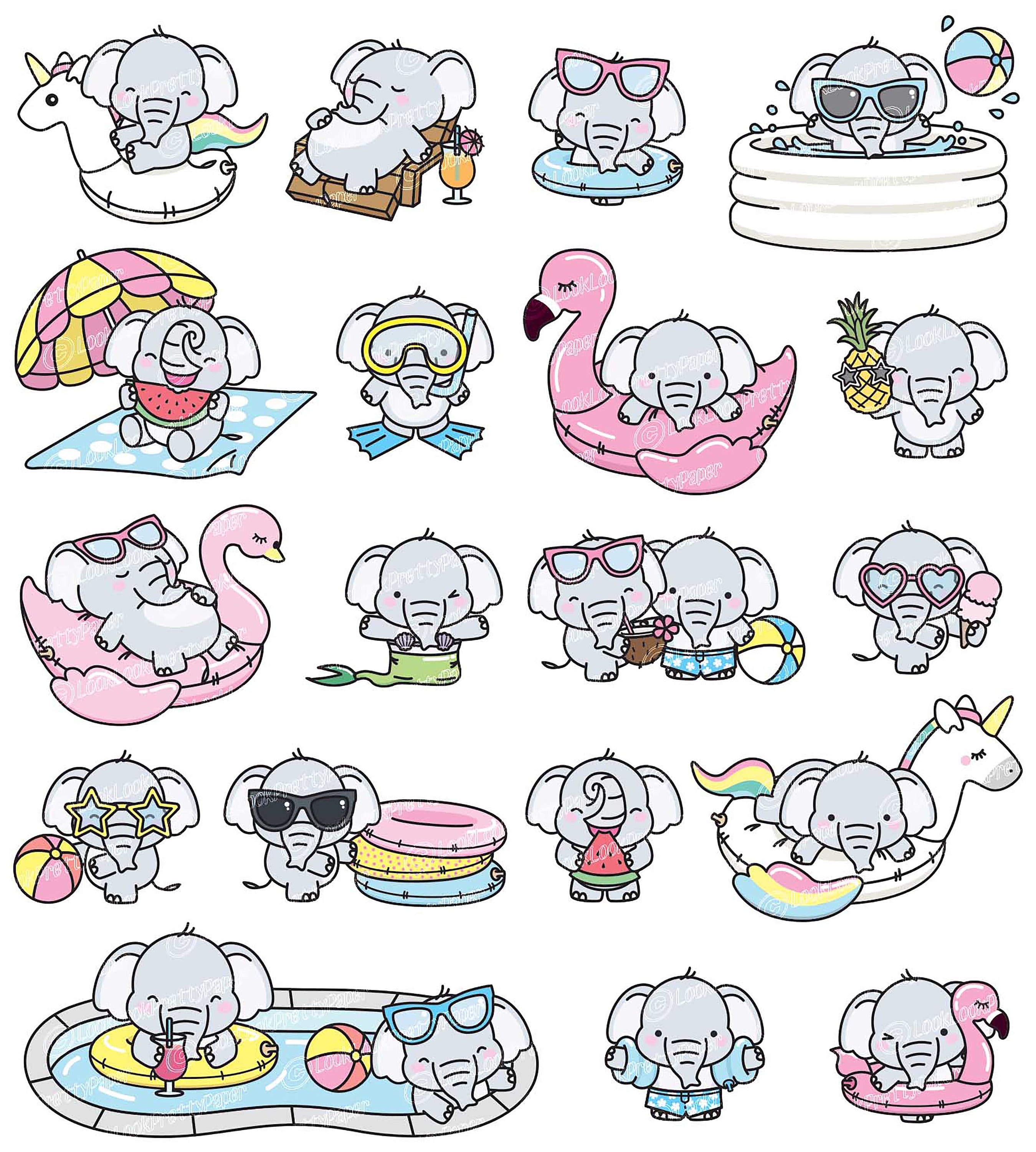 Premium Vector Clipart - Kawaii Elephant - Cute Elephant Pool Party ...