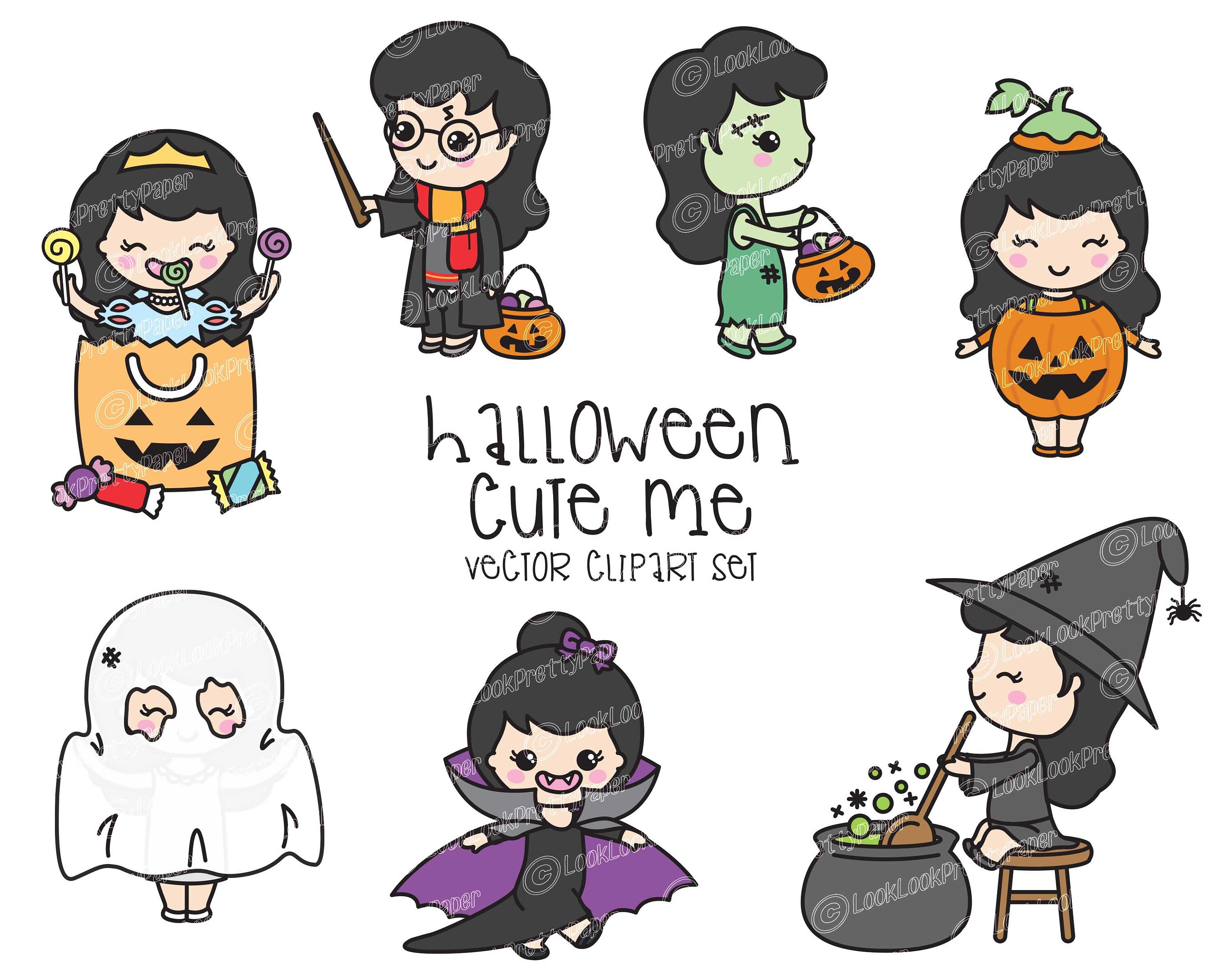 Premium Vector Clipart Kawaii Halloween Girl Cute Me | Etsy