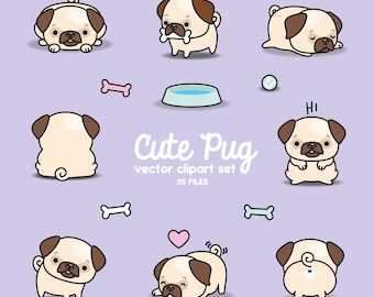 Vector Clipart Kawaii Pugs / Dogs Cute Pugs Clipart Set High Quality ...