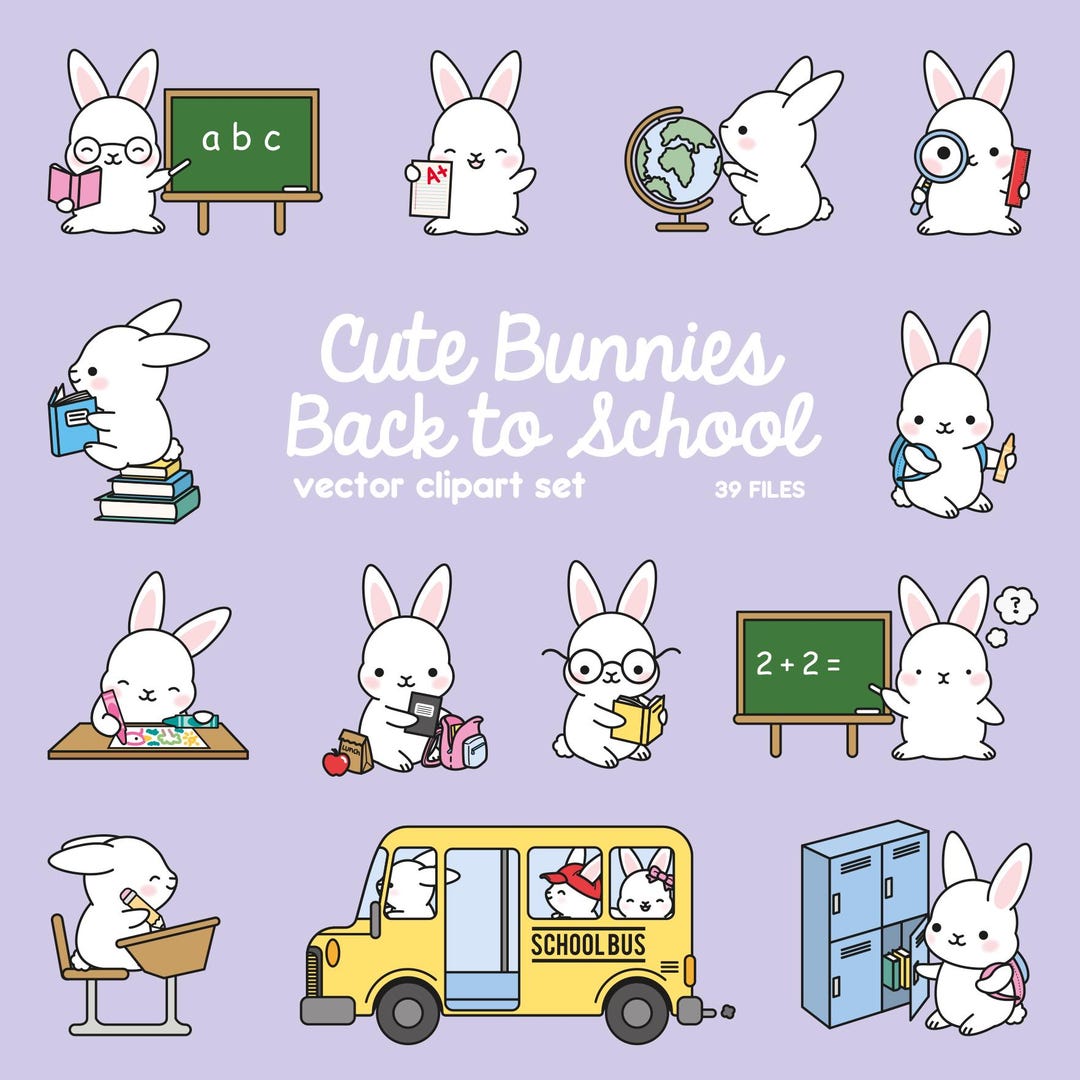 Premium Vector Clipart - Kawaii Bunny Back to School - Cute Bunnies ...
