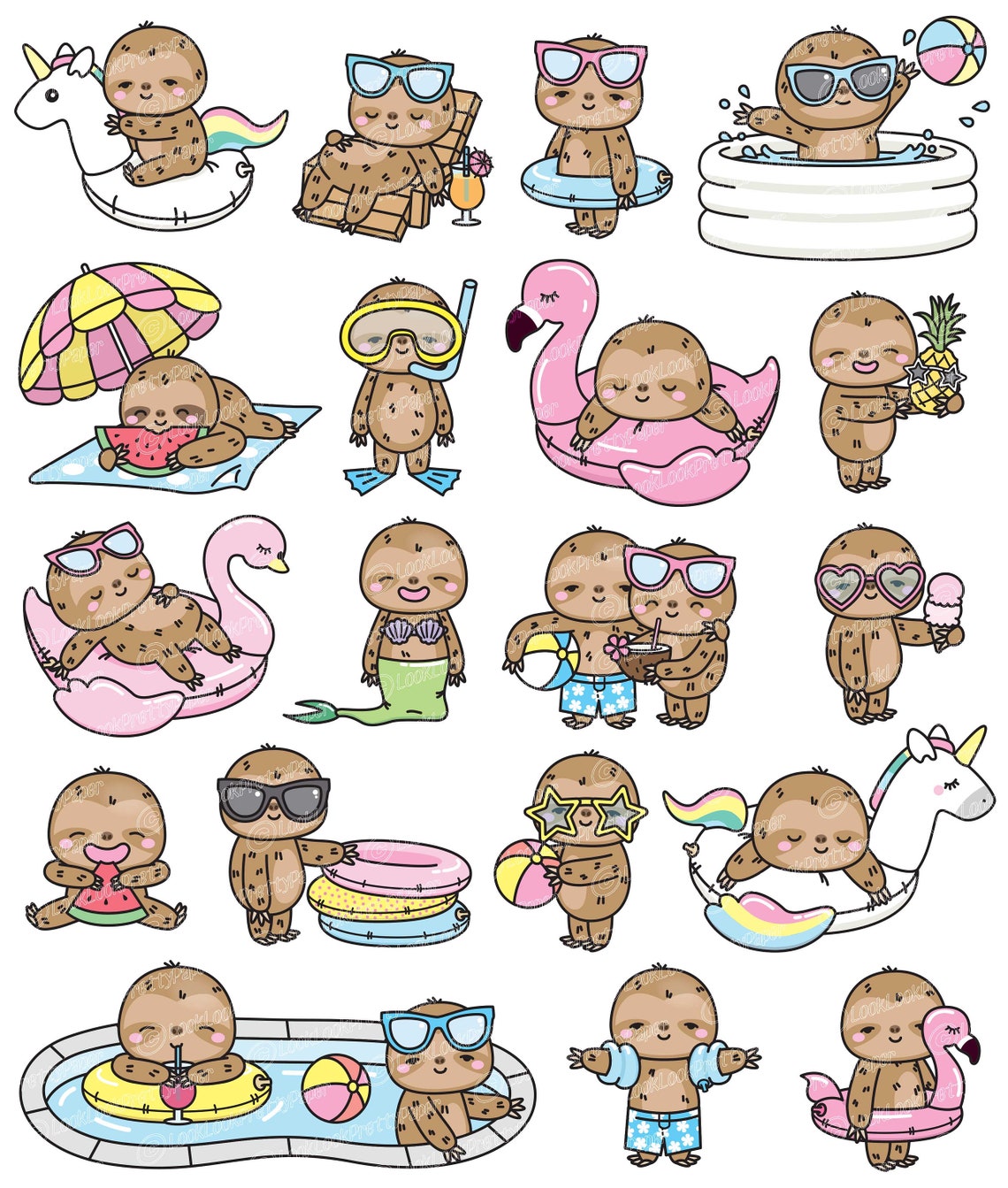 Premium Vector Clipart Kawaii Sloth Cute Sloth Pool Party | Etsy