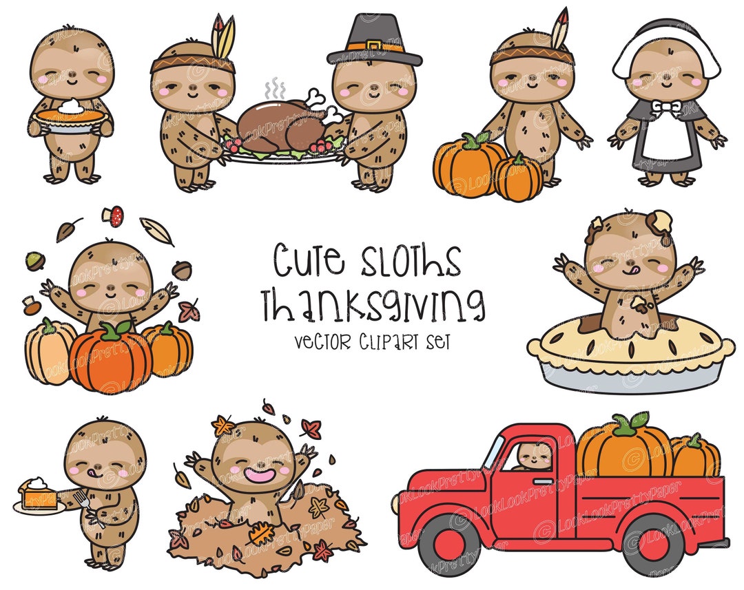 Premium Vector Clipart Kawaii Thankgiving Sloths Cute - Etsy