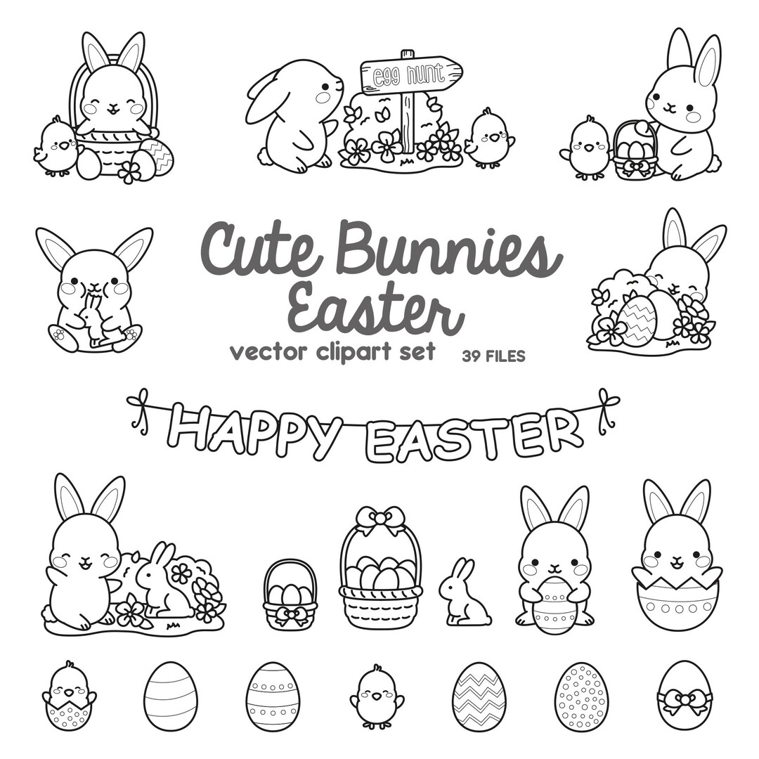 Premium Vector Clipart - Kawaii Easter Outlines - Black & White Easter ...