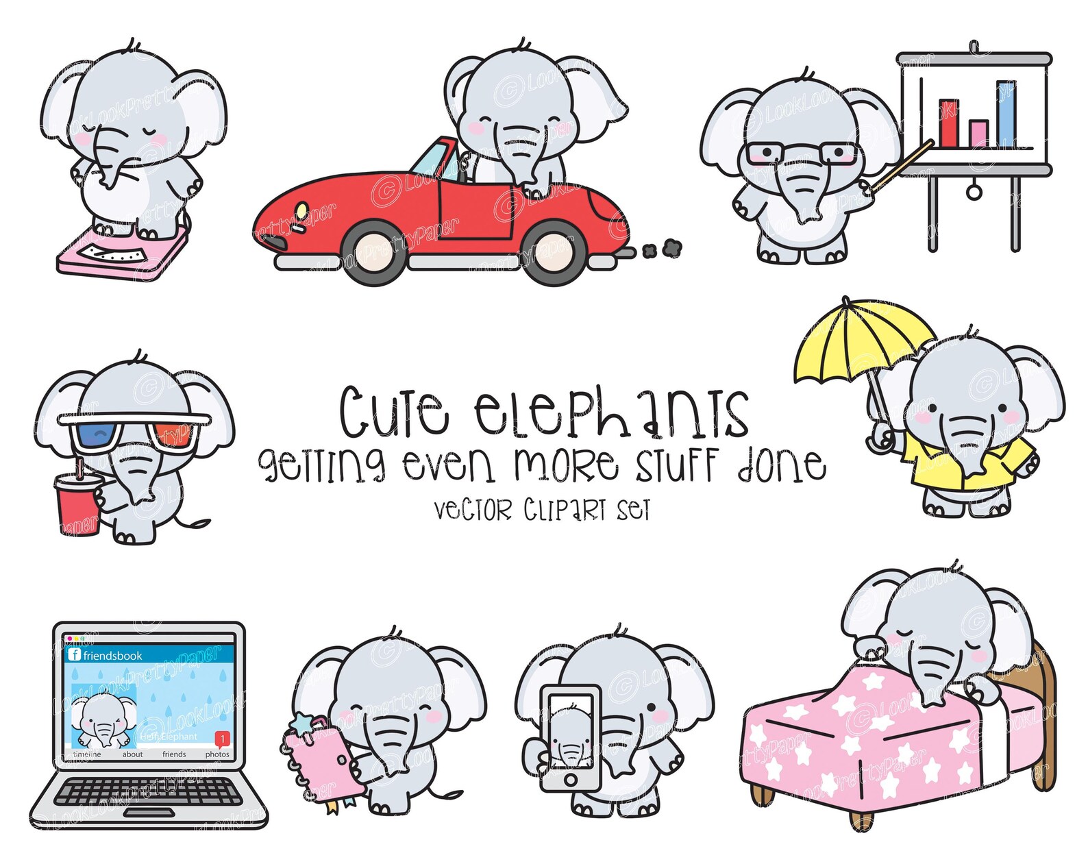 Premium Vector Clipart Kawaii Elephant Cute Elephant | Etsy