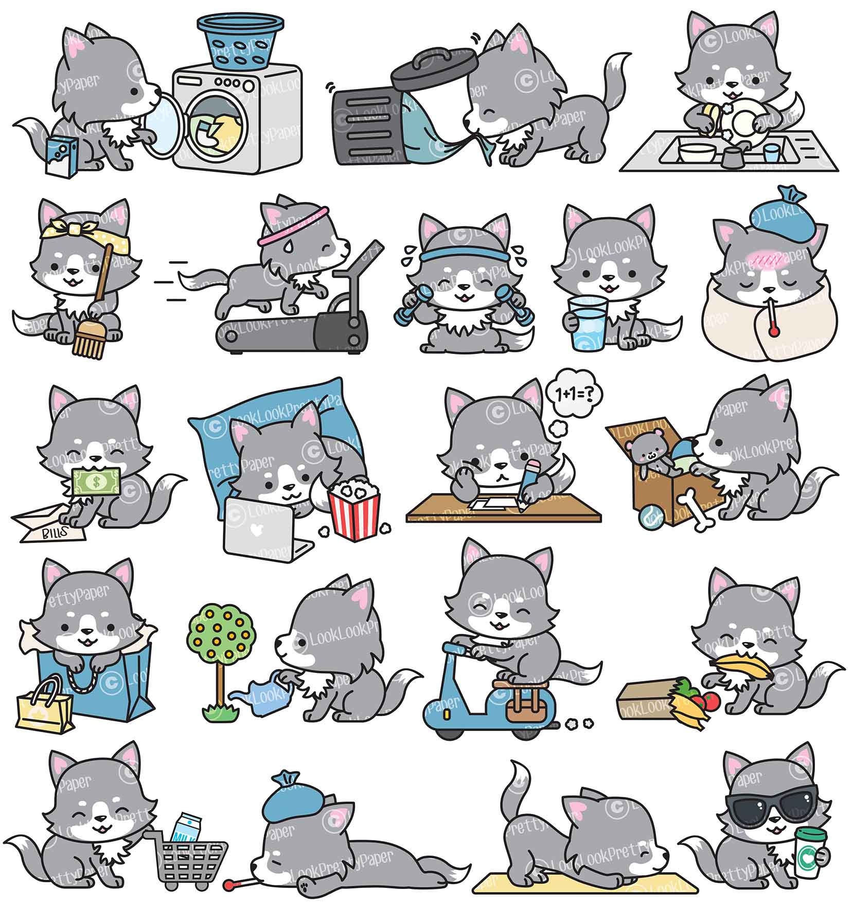 Premium Vector Clipart Kawaii Wolf Cute Wolf Planning | Etsy