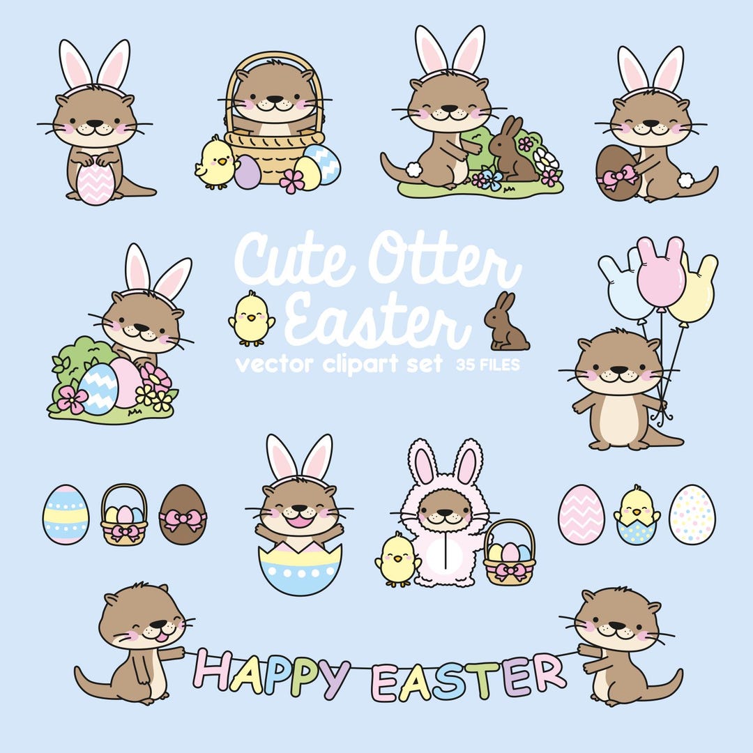 Premium Vector Clipart - Kawaii Otter - Cute Otters Clipart - Easter Otters - Instant Download ...