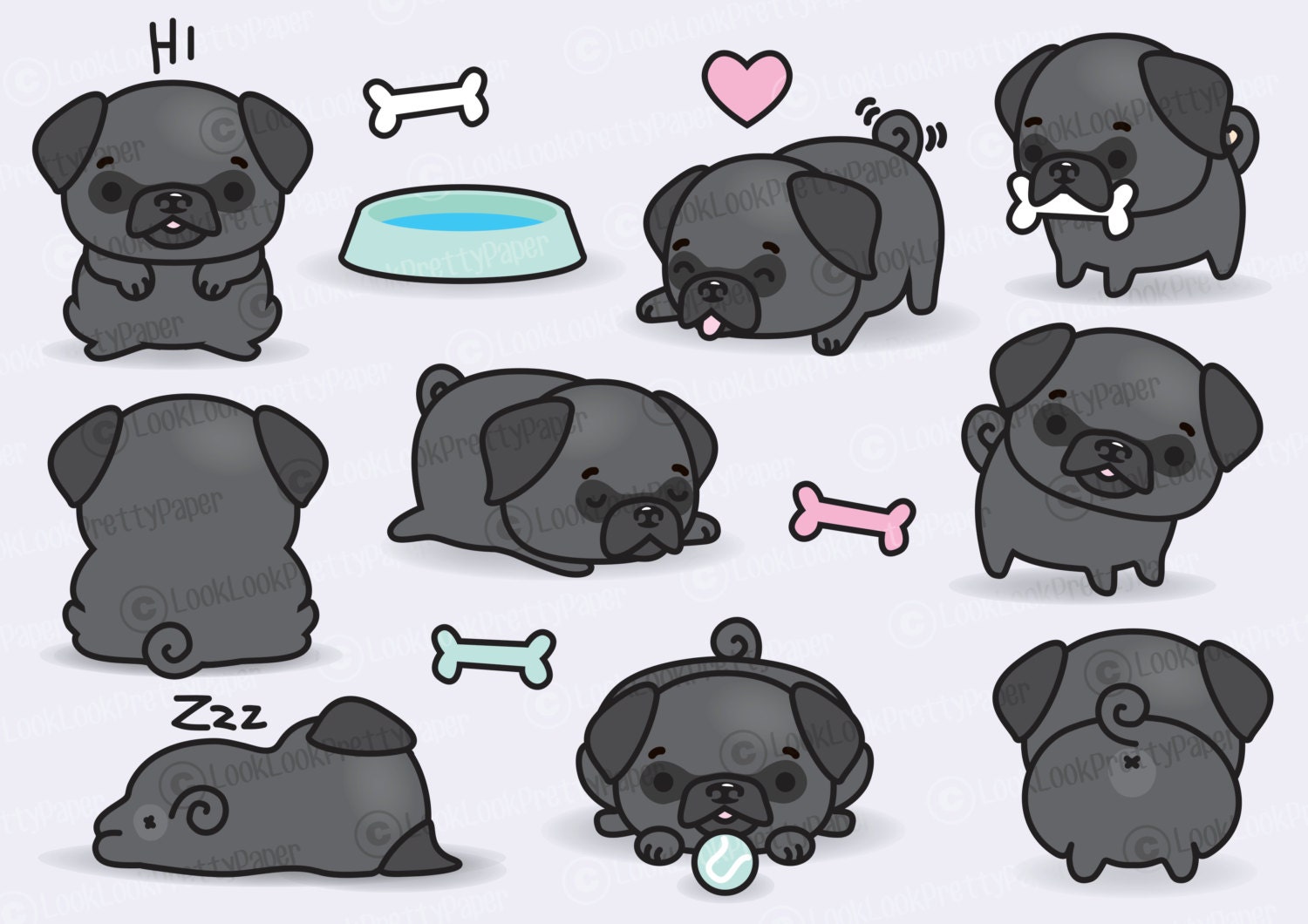 Premium Vector Clipart Kawaii Pugs Cute Black Pugs Clipart | Etsy