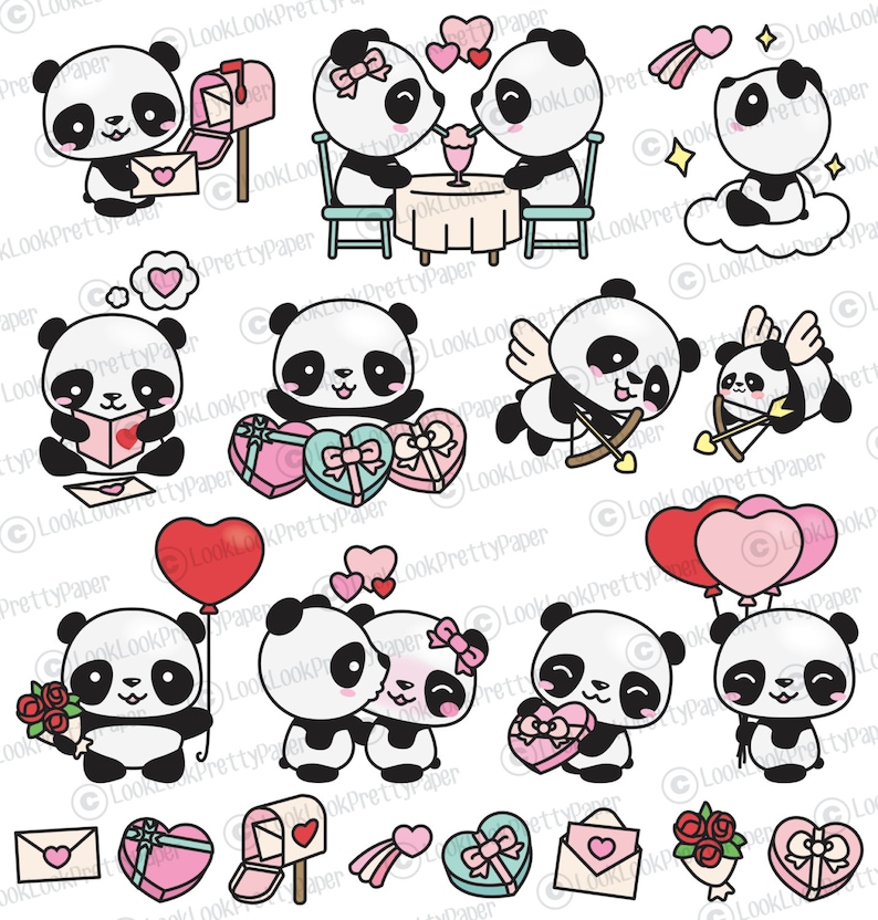 Premium Vector Clipart Kawaii Valentines Day Pandas - Etsy