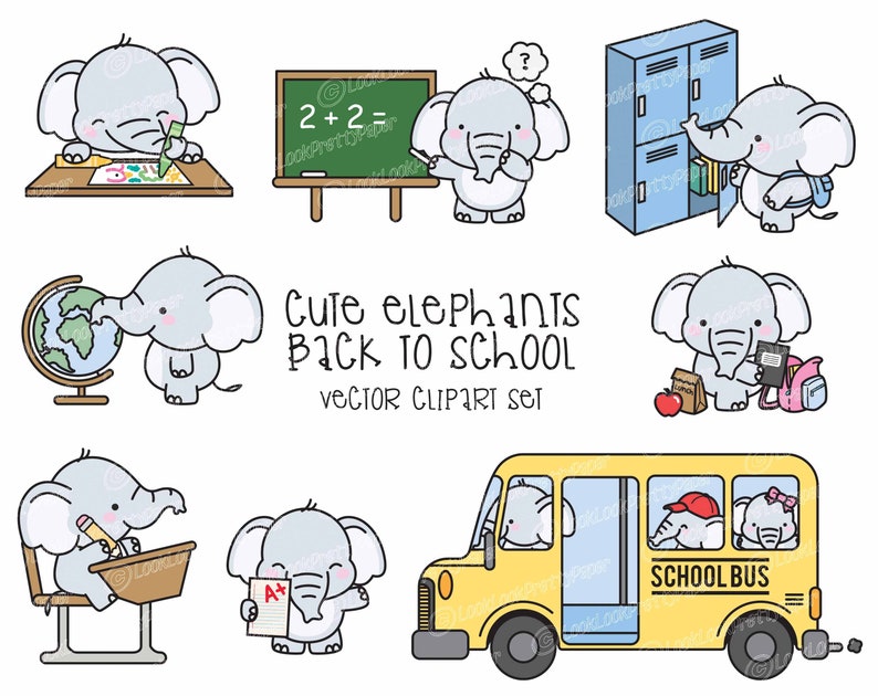 Premium Vector Clipart Kawaii Elephants Back to School | Etsy Canada
