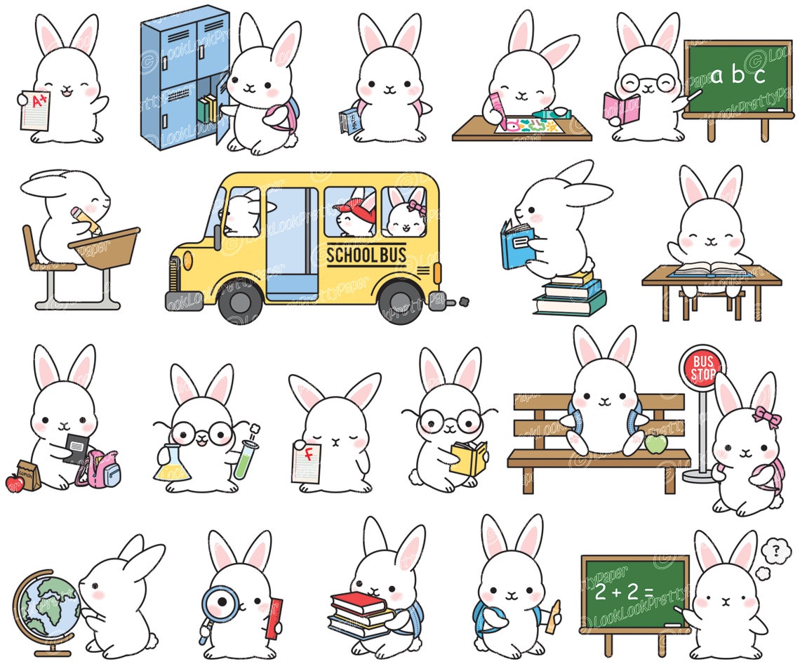 Premium Vector Clipart - Kawaii Bunny Back to School - Cute Bunnies ...