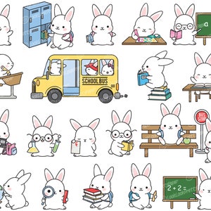 Premium Vector Clipart - Kawaii Bunny Back to School - Cute Bunnies ...
