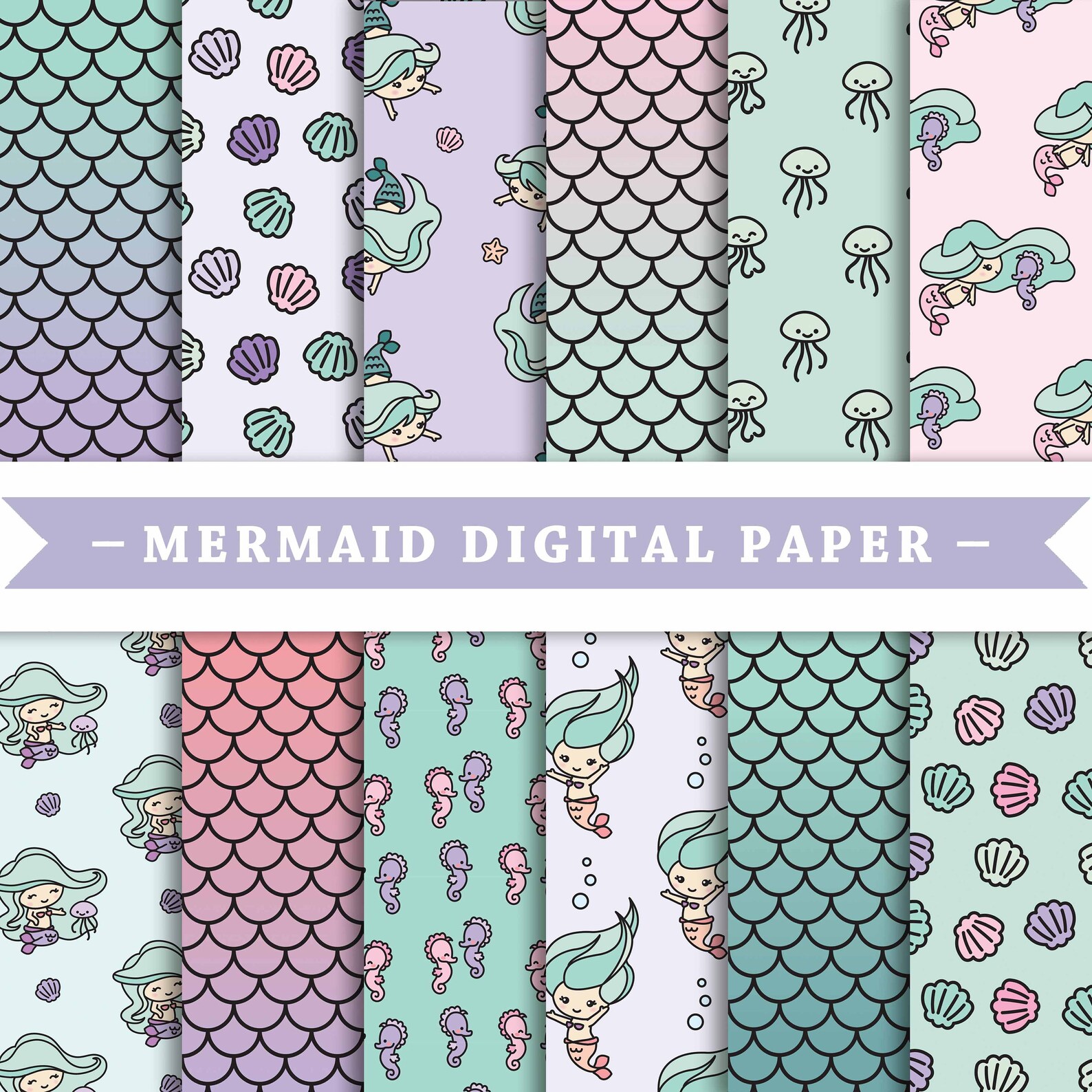 Premium Digital Paper Scrapbooking Paper Kawaii Mermaid - Etsy