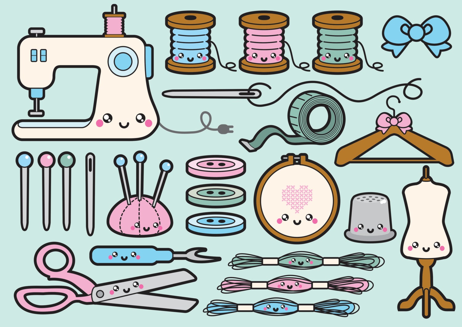 Premium Vector Clipart Kawaii Sewing Clipart Kawaii Sewing - Etsy UK