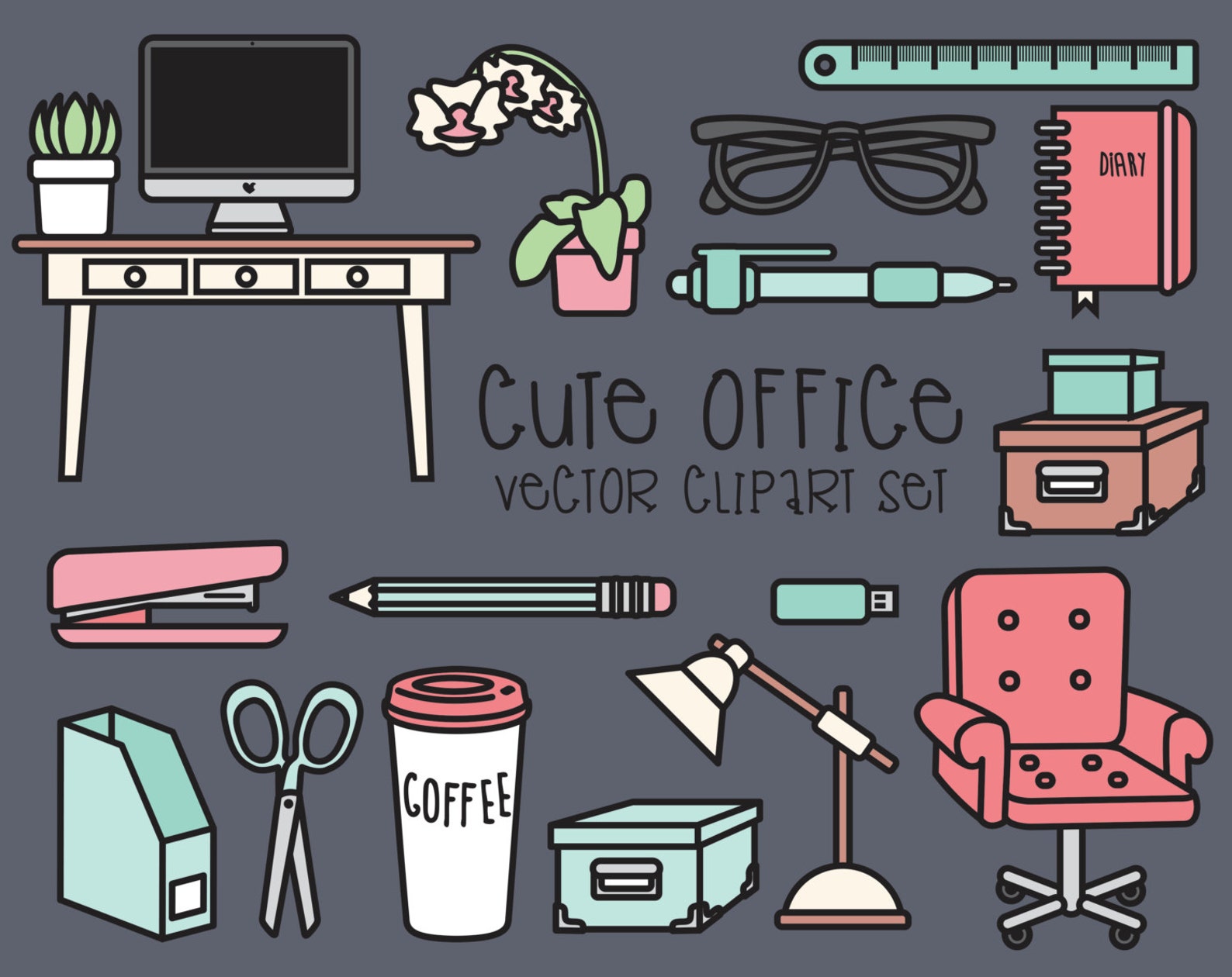Premium Vector Clipart Kawaii Office Clipart Kawaii Work | Etsy