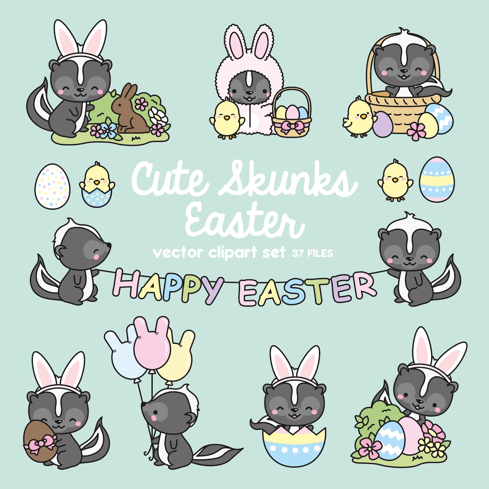 Premium Vector Clipart Kawaii Easter Skunks Cute Easter Skunks Clipart