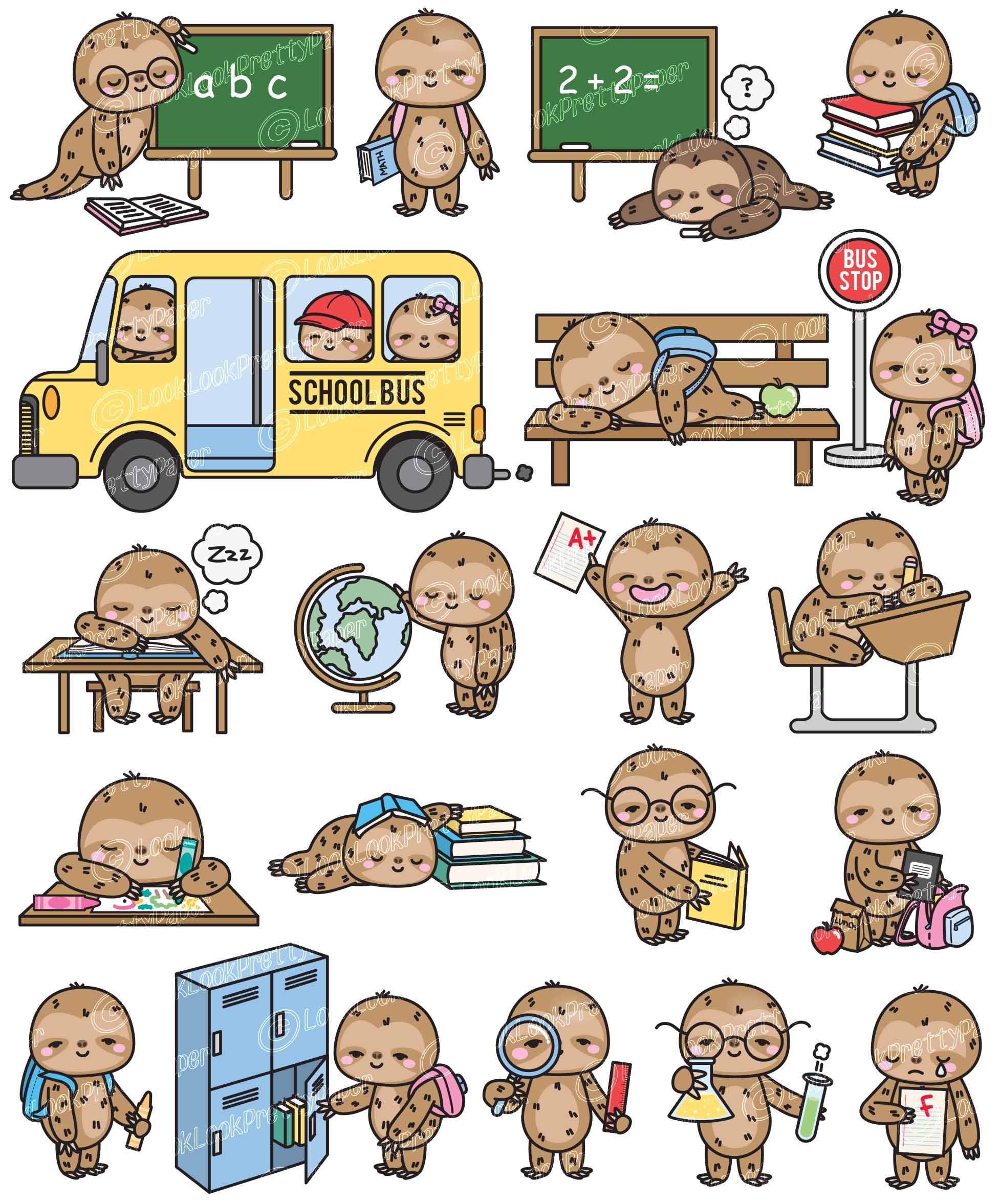 Premium Vector Clipart - Kawaii Sloths Back to School - Cute Sloths ...