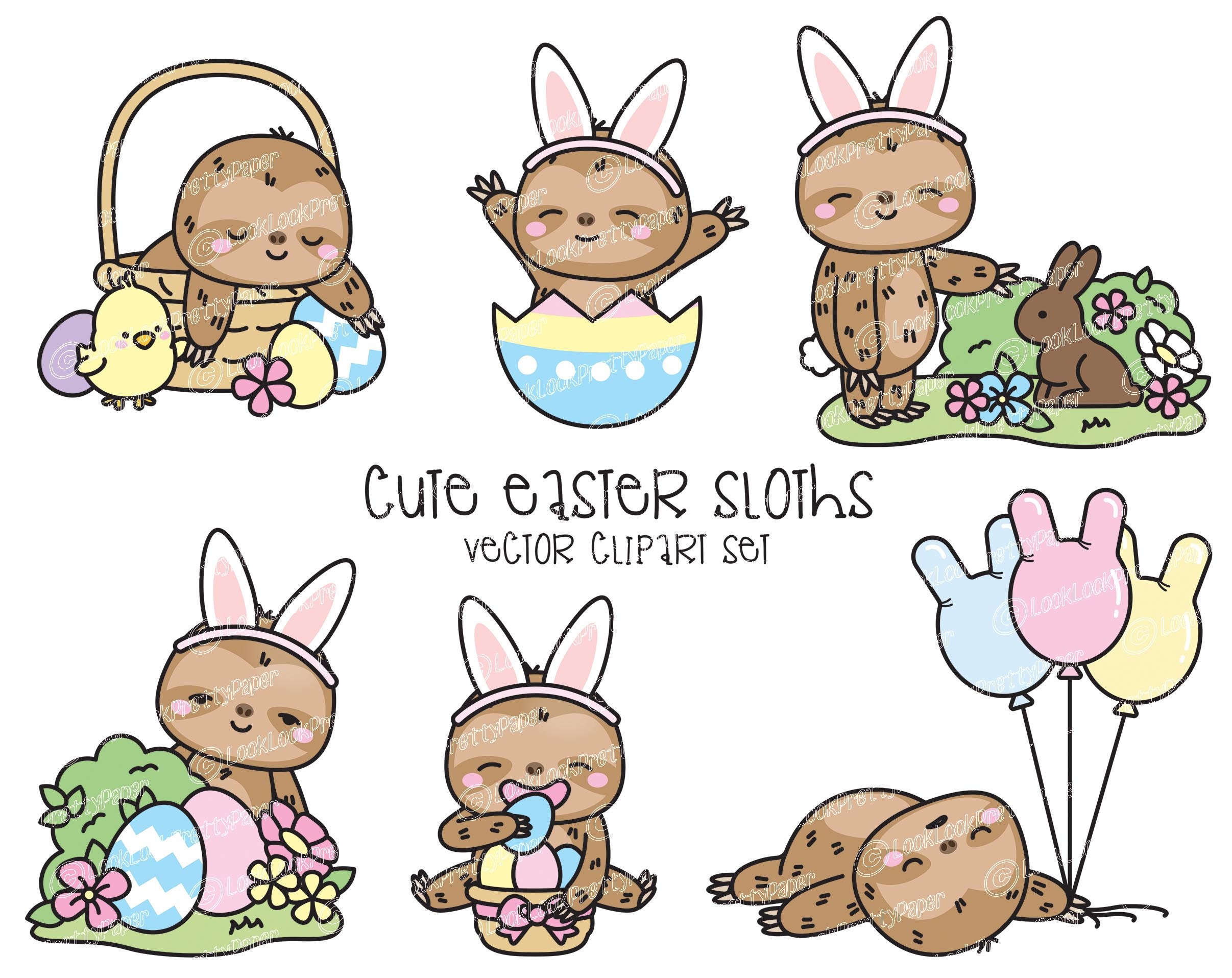 Premium Vector Clipart Kawaii Easter Sloths Cute Easter | Etsy