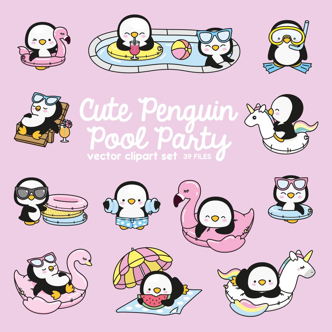 Premium Vector Clipart - Kawaii Penguin - Cute Penguin Pool Party ...