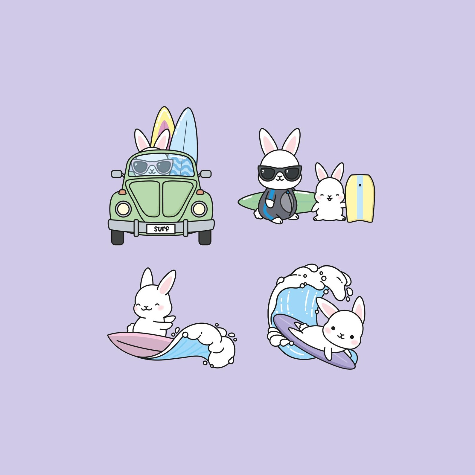 Premium Vector Clipart - Kawaii Bunnies Surfing - Cute Bunny Surf ...