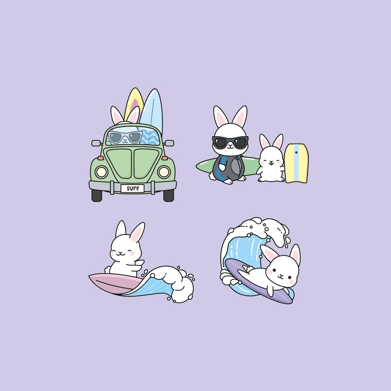 Premium Vector Clipart - Kawaii Bunnies Surfing - Cute Bunny Surf ...