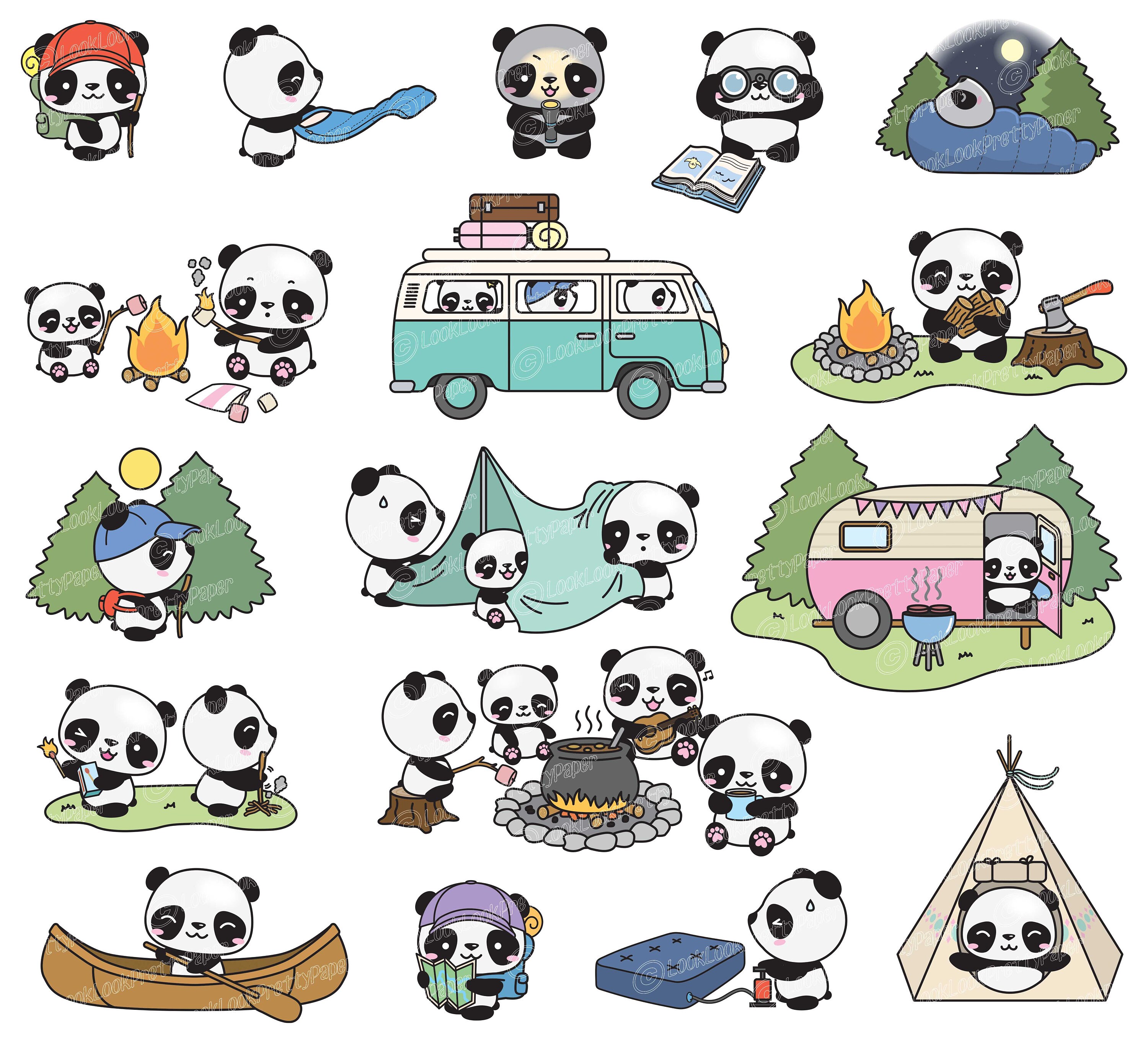 Premium Vector Clipart - Kawaii Pandas Camping - Cute Panda Bears ...