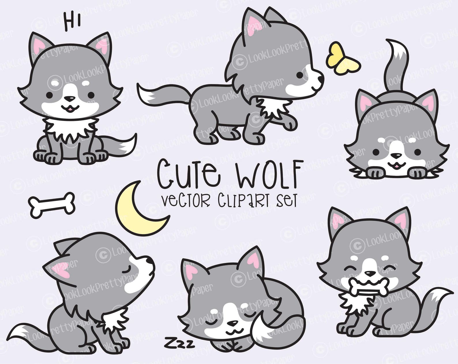 Premium Vector Clipart Kawaii Wolf Cute Wolves Clipart Set | Etsy