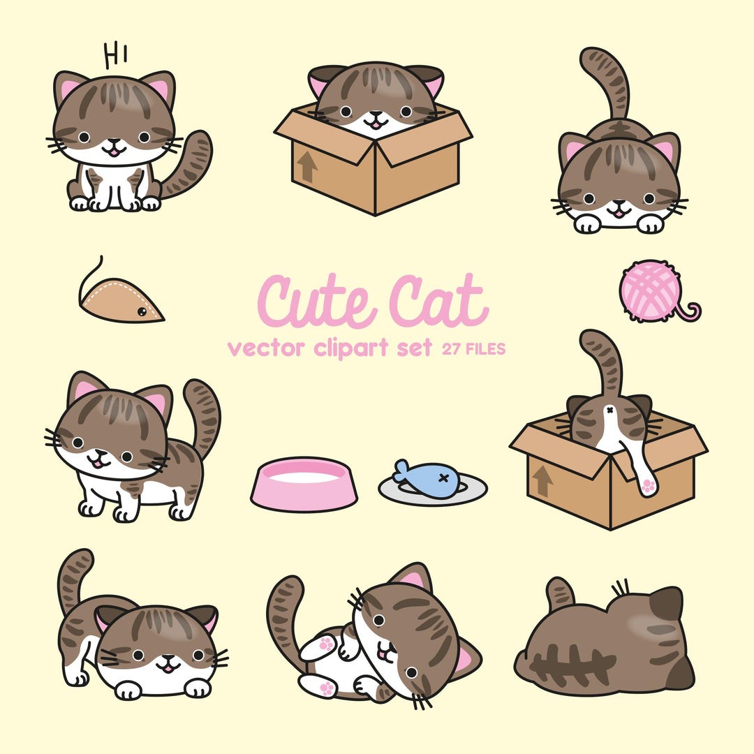 Premium Vector Clipart - Kawaii Cats - Cute Cats Clipart Set - Brown ...