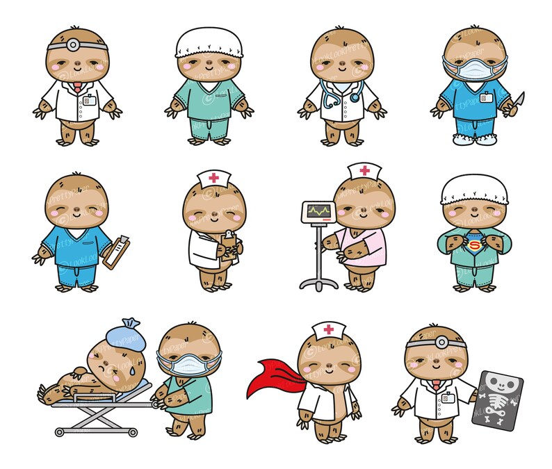 Premium Vector Clipart - Kawaii Sloth - Cute Sloths Healthcare Heros ...
