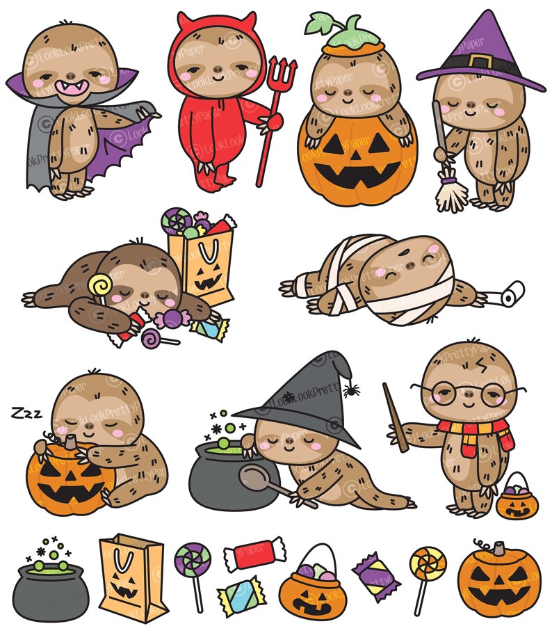 Premium Vector Clipart - Kawaii Halloween Sloths - Cute Halloween ...
