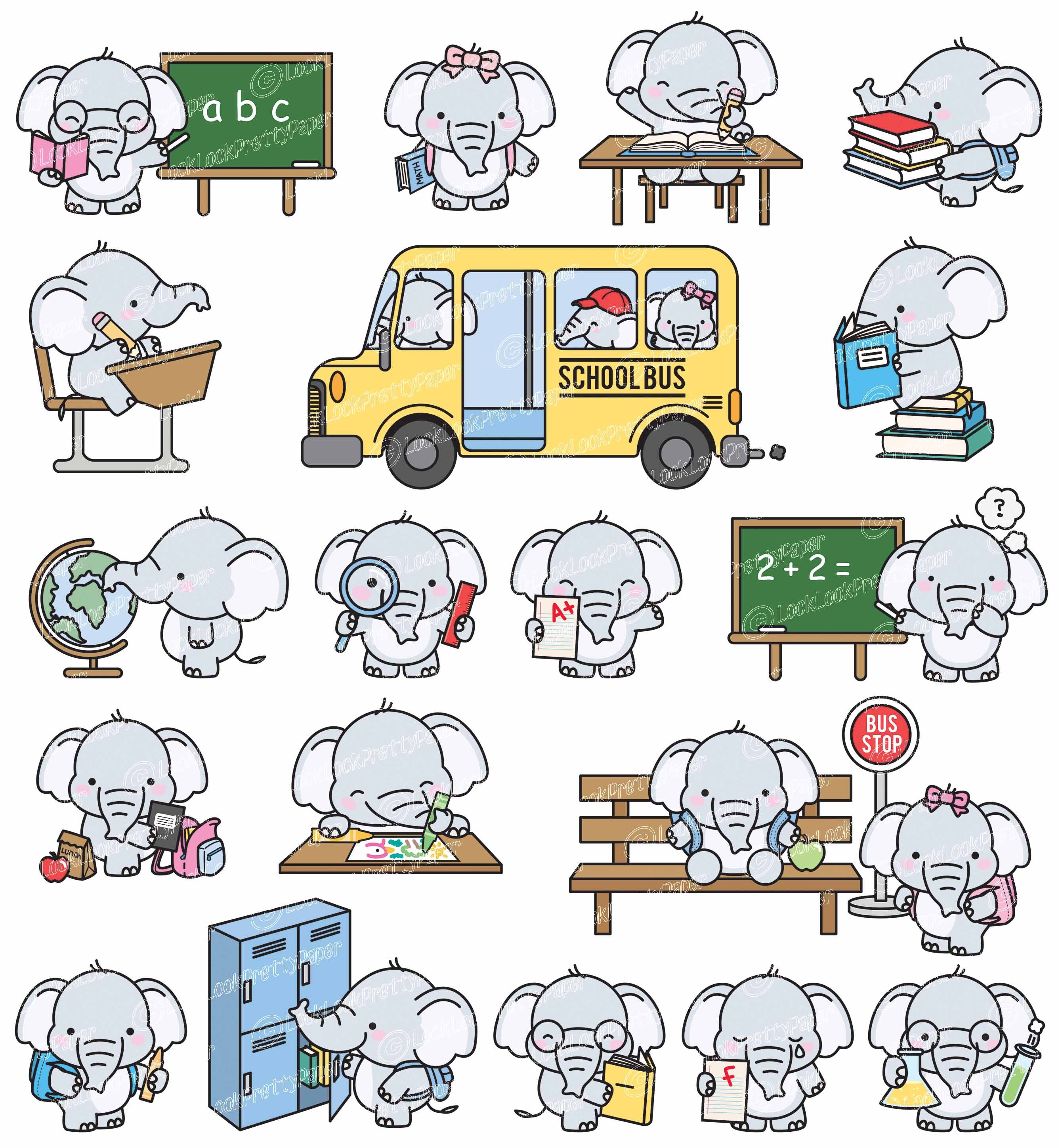 Premium Vector Clipart Kawaii Elephants Back to School | Etsy