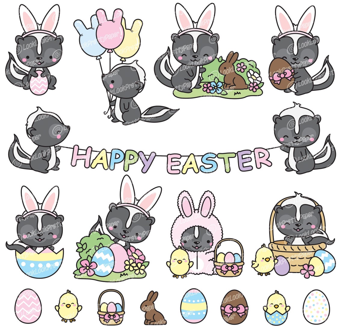 Premium Vector Clipart Kawaii Easter Skunks Cute Easter | Etsy